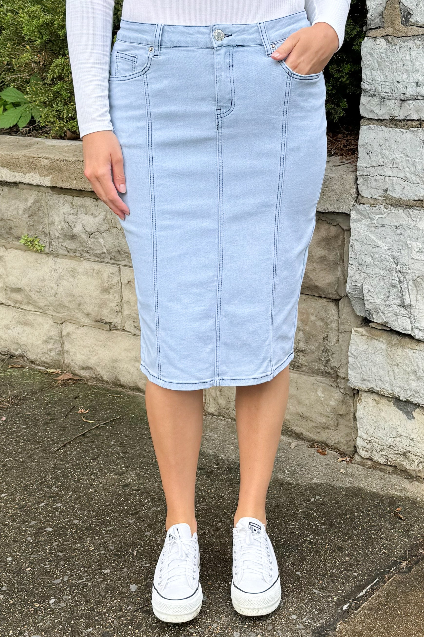 Panel Denim Skirt in Lt. Indigo – The Modest Style Boutique